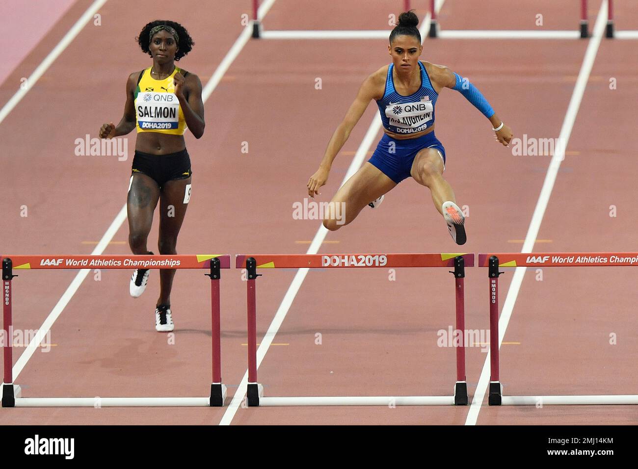 Sydney Mclaughlin, of the United States, and Shiann Salmon, of Jamaica ...