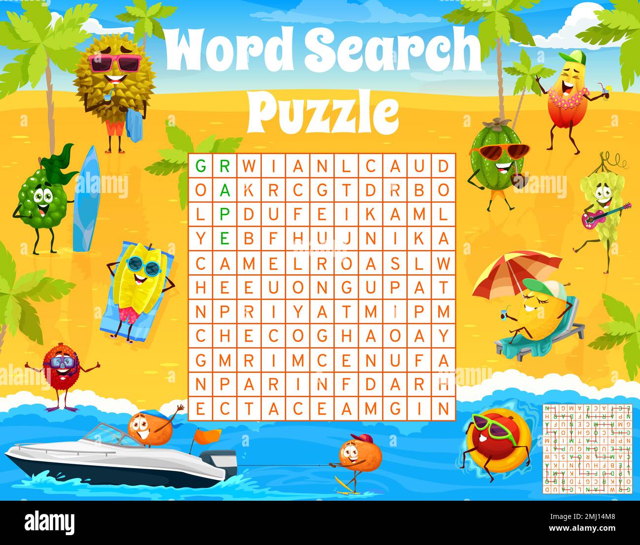 Cartoon fruits characters on summer beach, word search puzzle game ...