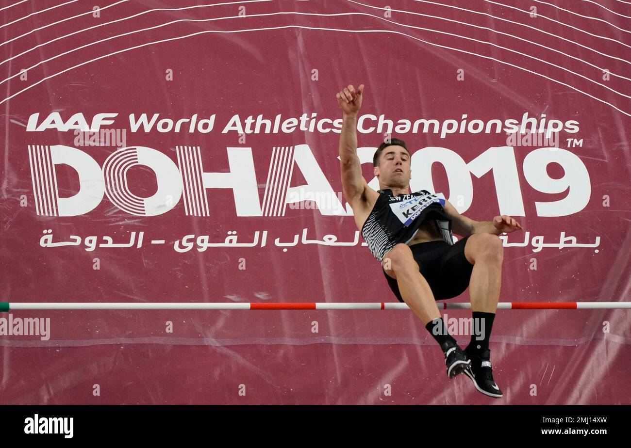 Hamish Kerr, of New Zealand, clears the bar during men's high jump ...