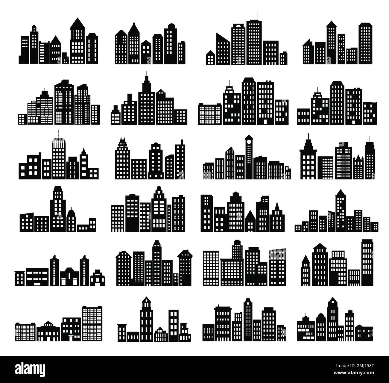 A vector landscape set of buildings silhouetted on white background. A ...