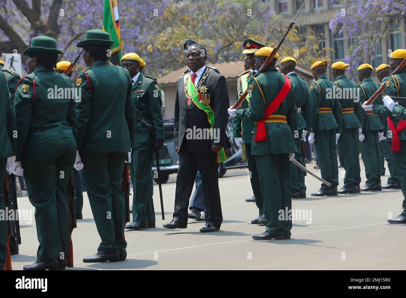 Zimbabwean President Emmerson Mnangagwa inspects the guard of honour ...
