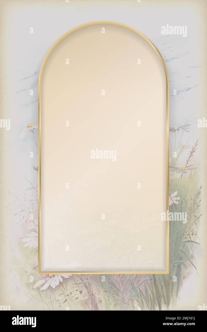 Arch gold frame on daisy patterned background template vector Stock ...