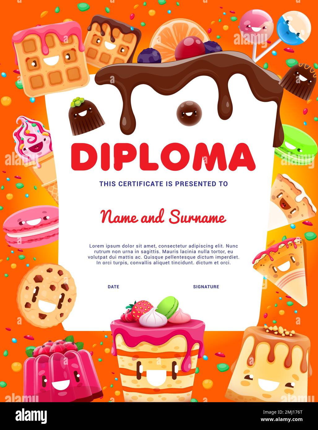 Kids diploma cartoon bakery, cookie, cake and pie dessert characters ...