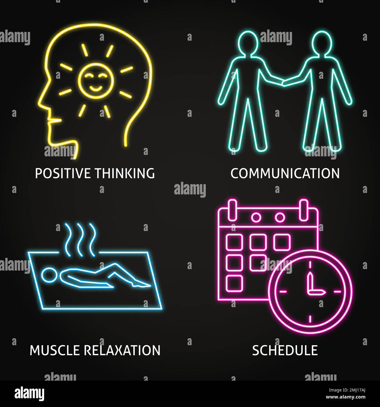 Neon stress management icon set. Good mental health. Vector ... Neon stress management icon set. Good mental health. Vector ...
