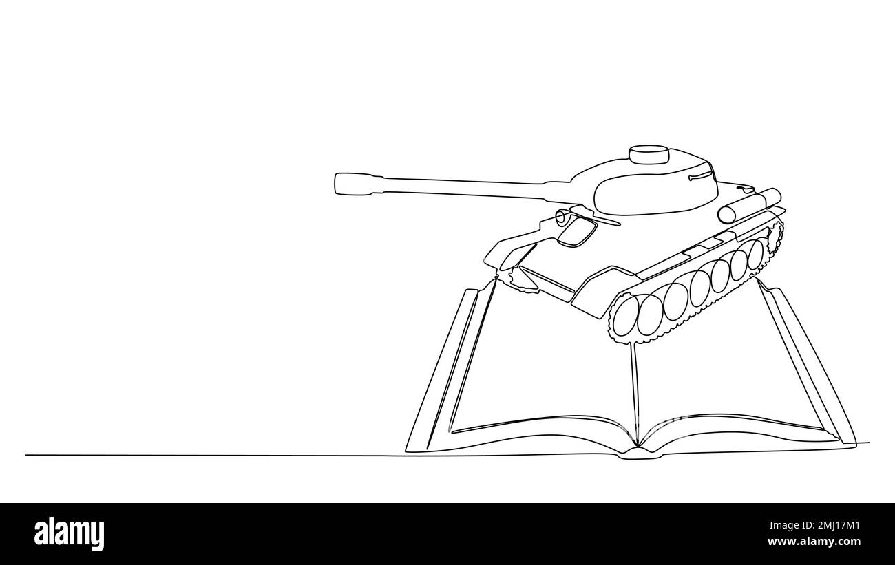 One continuous line of Opened Book and Armored Tank. Thin Line ...