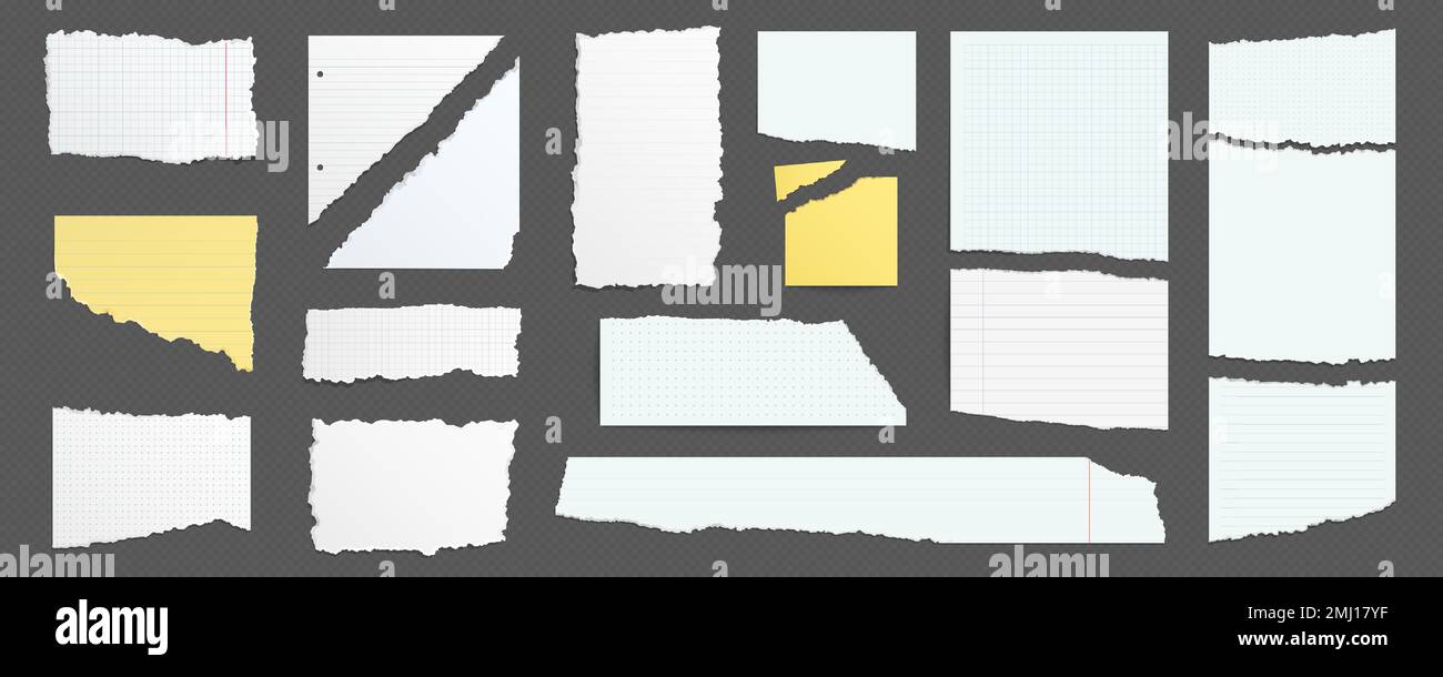 Torn notebook paper pages and scraps with ripped edges. Blank white and ...