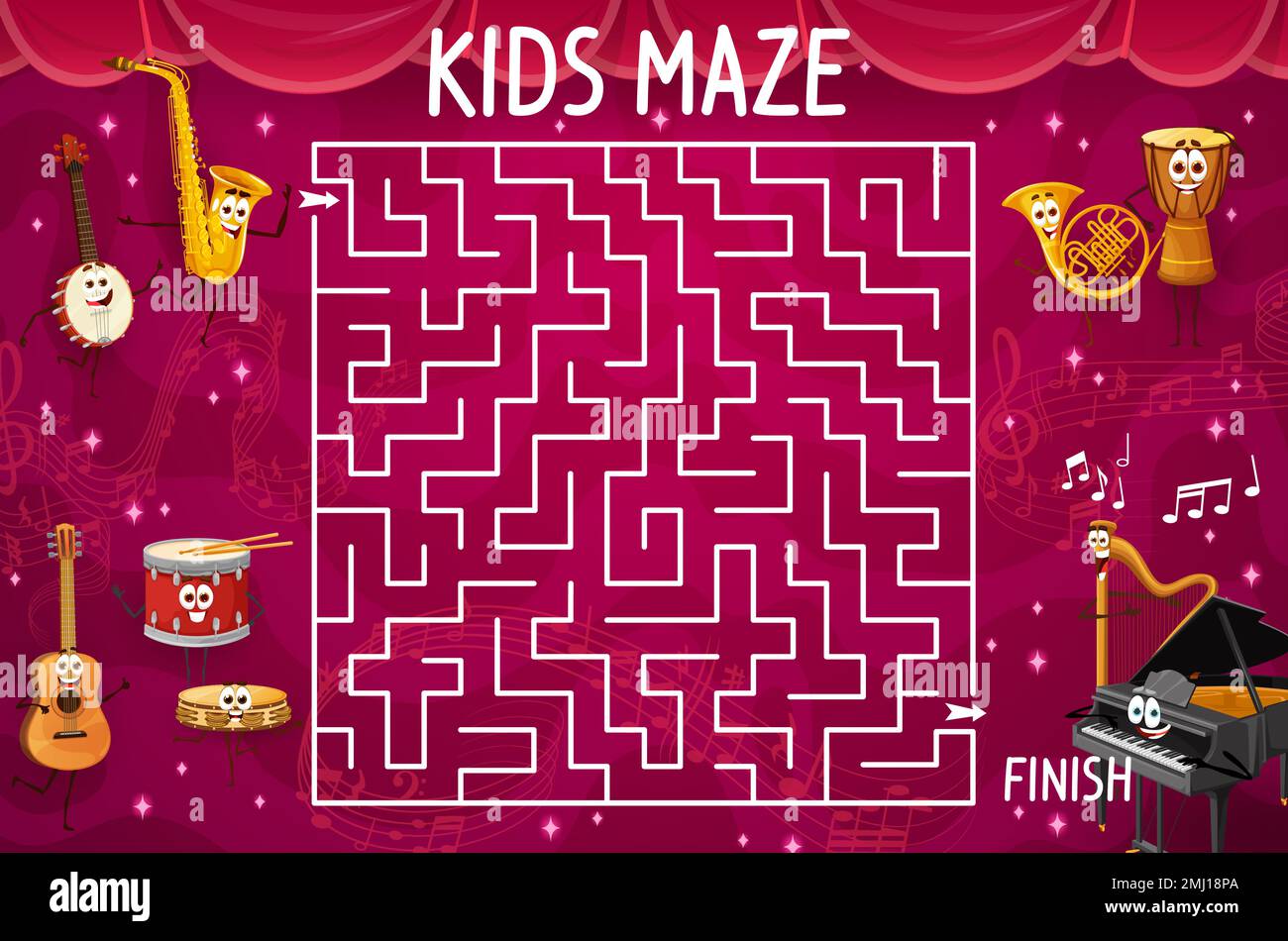 Labyrinth maze game cartoon musical instrument characters. Kids vector ...
