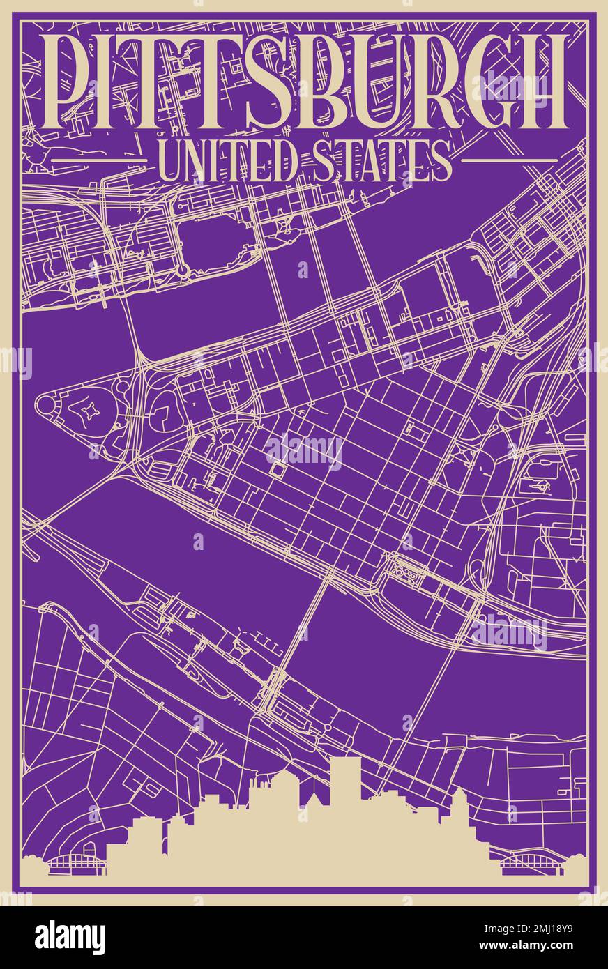 Road network poster of the downtown PITTSBURGH, UNITED STATES OF ...