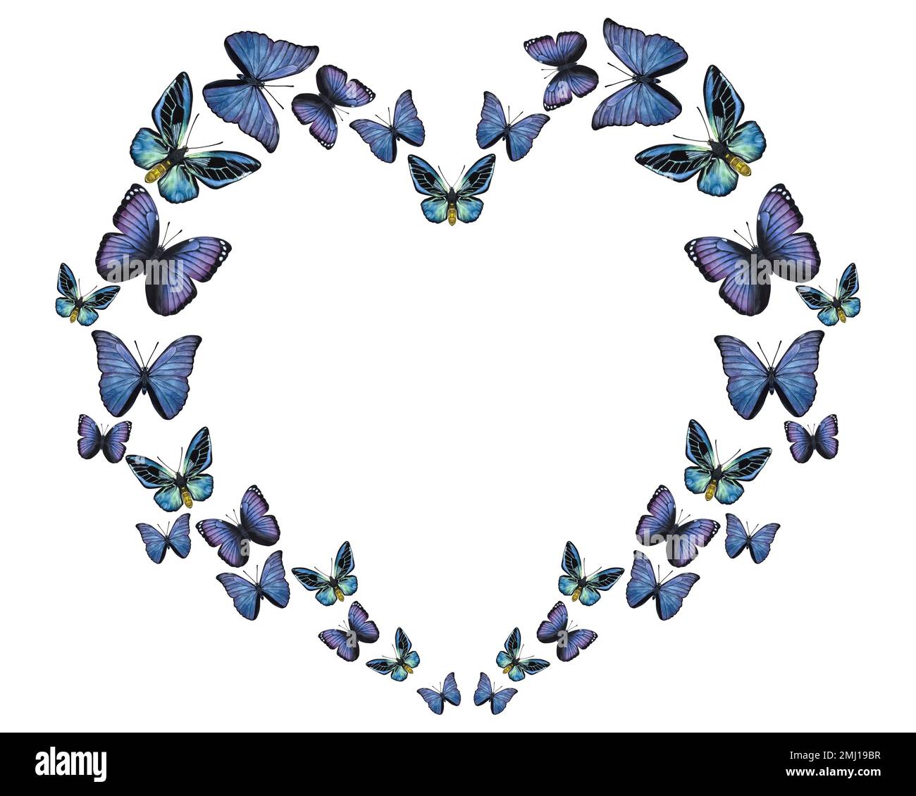 Frame blue violet butterflies. Shape of a heart. Hand-drawn watercolor ...