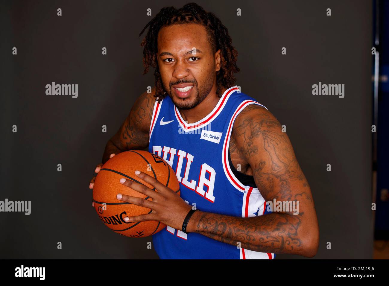 Philadelphia 76ers' Isaiah Miles poses for a photograph during media ...
