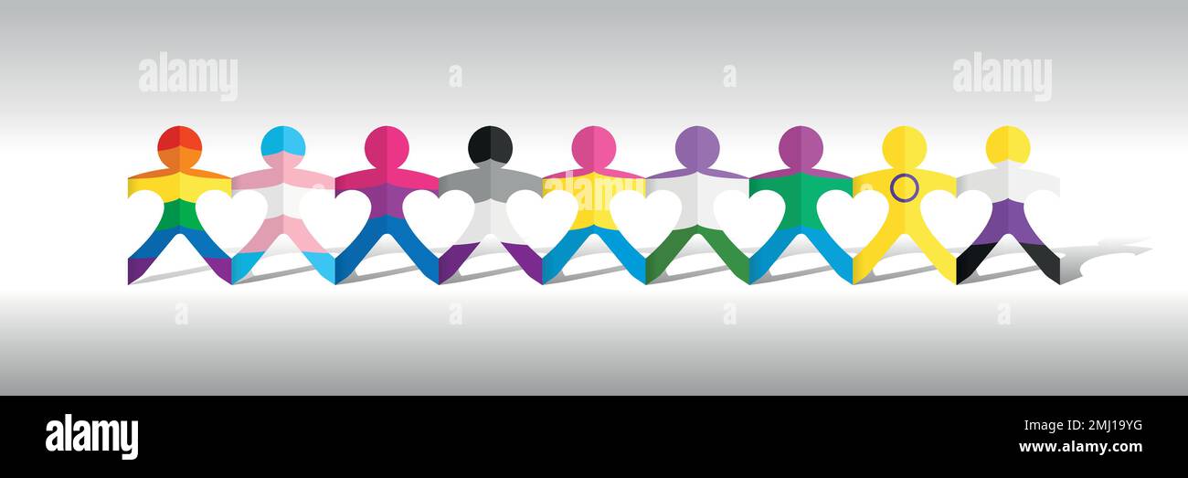 Front view of 9 Pride flags inside a paper people chain on white ...