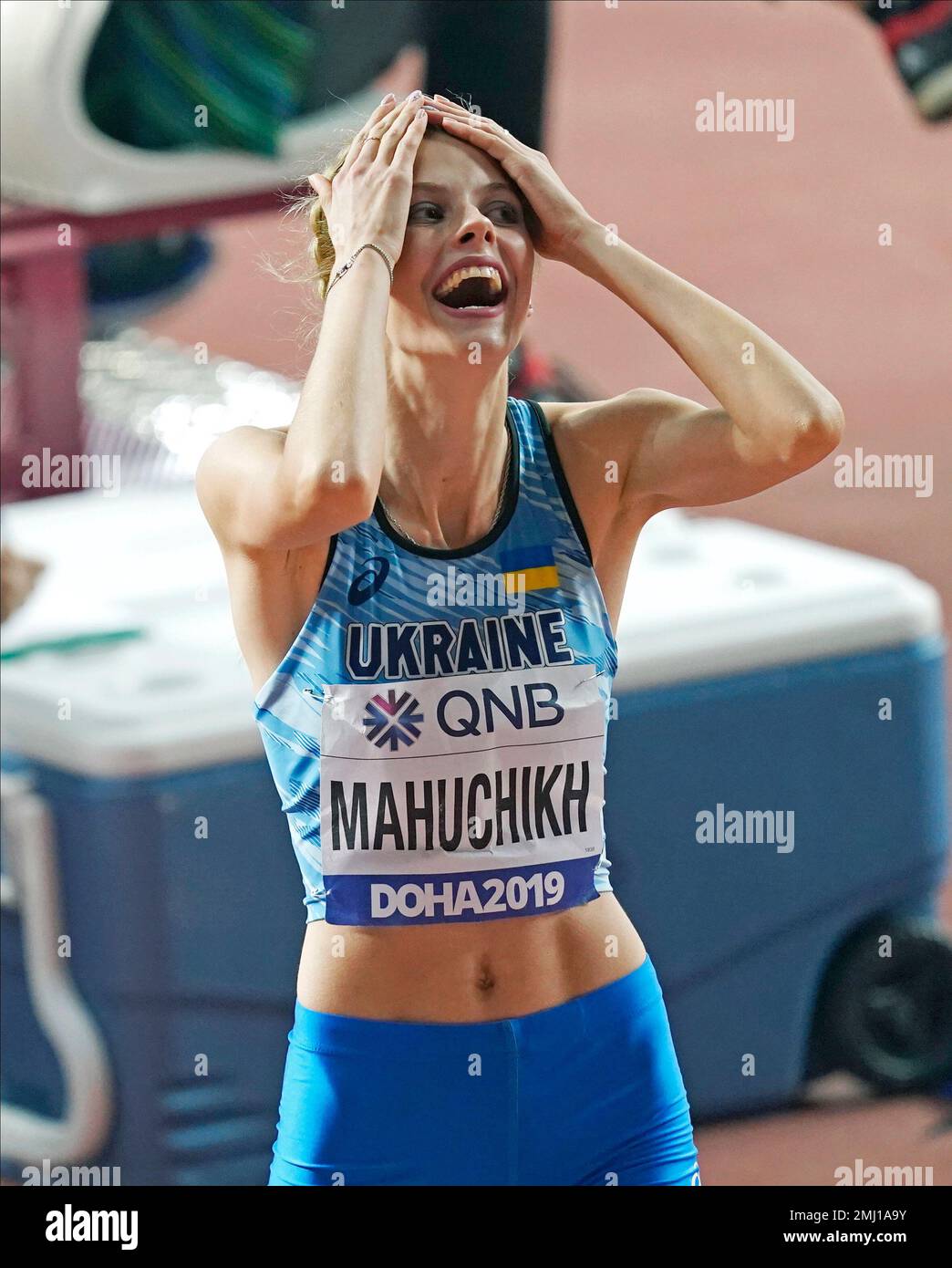 Yaroslava Mahuchikh, of Ukraine, reacts after competing in the women's ...