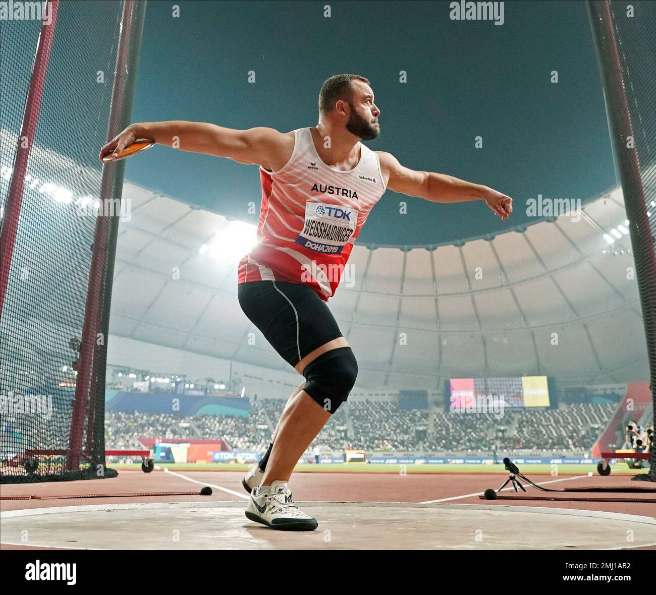 Lukas Weisshaidinger, of Austria, competes in the men's discus throw ...