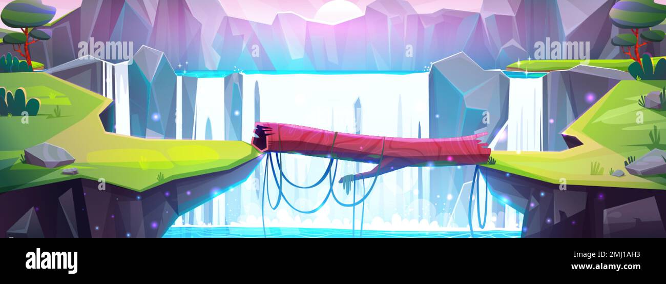 Log bridge across river between cliffs wirth waterfall. Vector cartoon ...