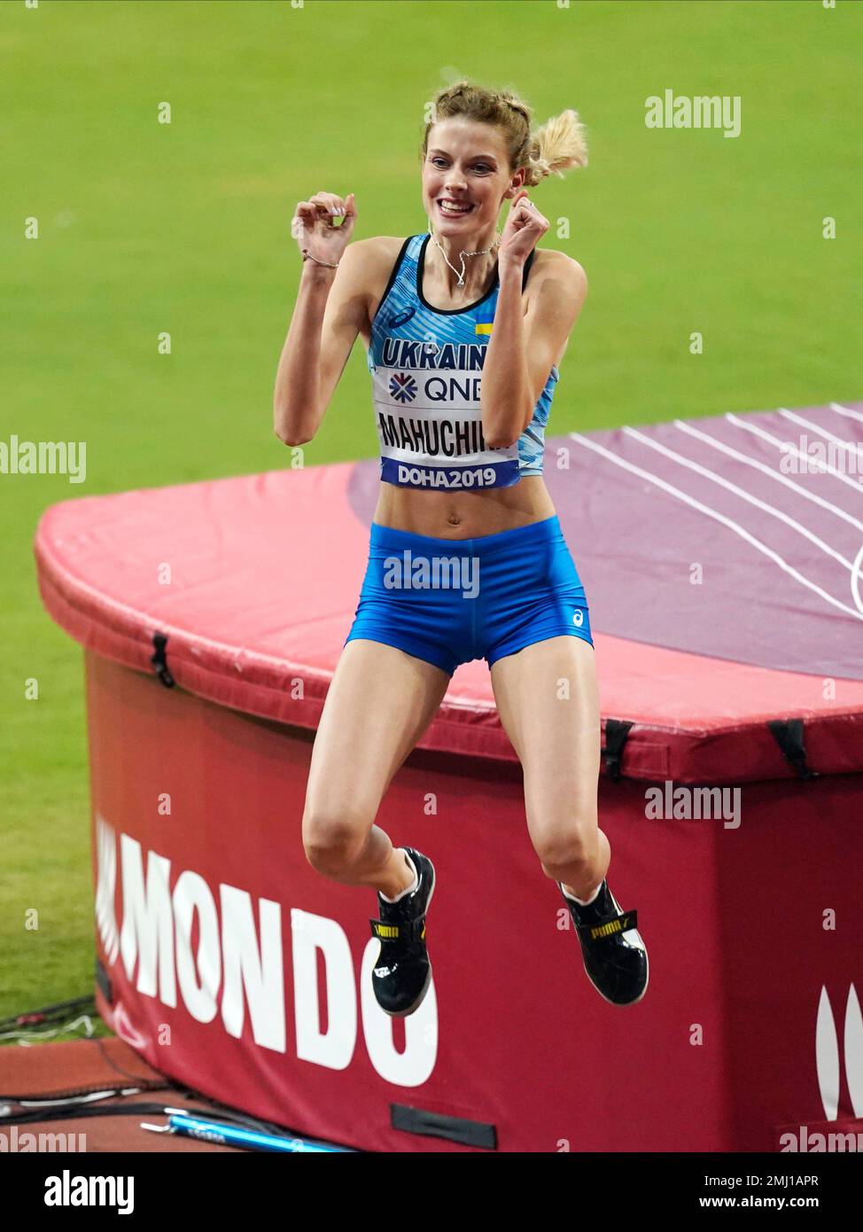 Yaroslava Mahuchikh, of Ukraine, reacts after competing in the women's ...