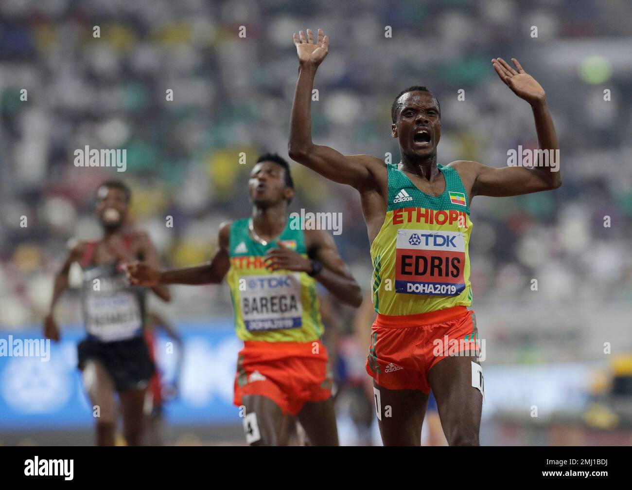 Muktar Edris, of Ethiopia wins the gold medal in the men's 5000 meter ...