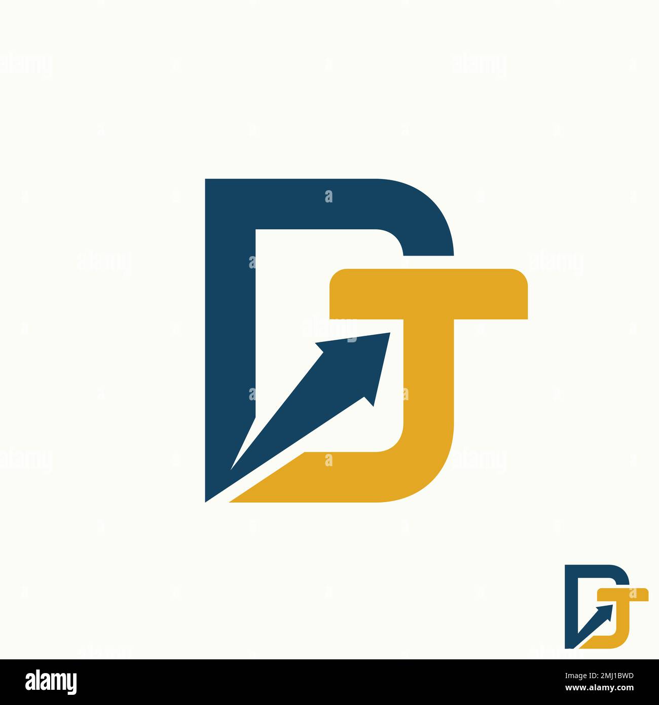Simple and unique letter or word DT sans serif cut font with arrow up graphic icon logo design ...