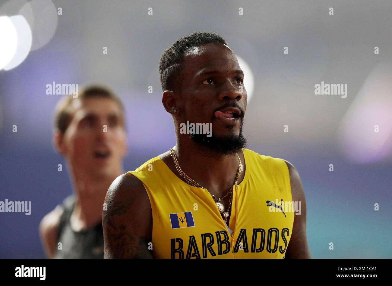 Shane Brathwaite of Barbados reacts after finishing a men's 110 meter ...