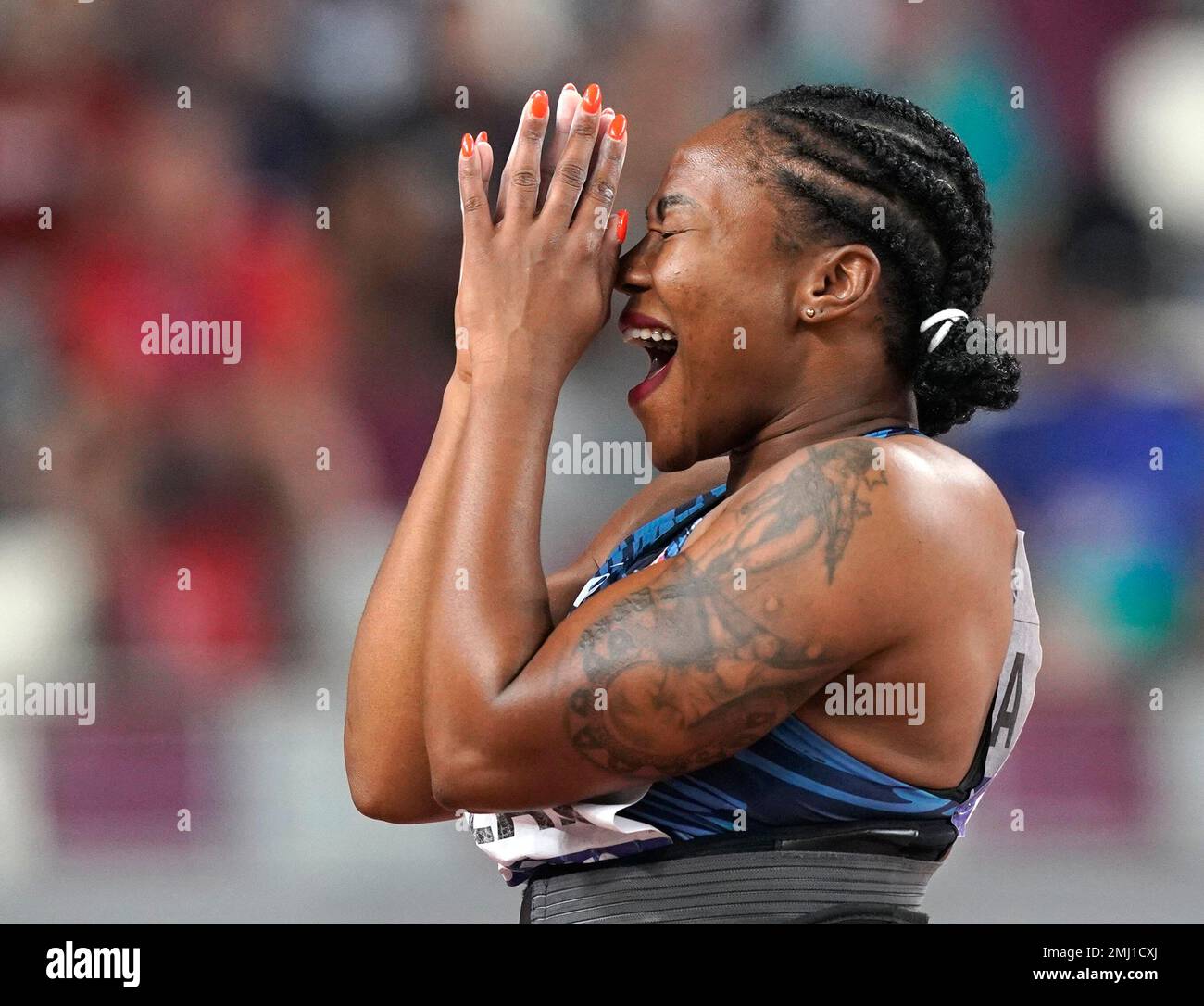 Alexie Alaïs, of France, reacts after competing in the women's javelin ...