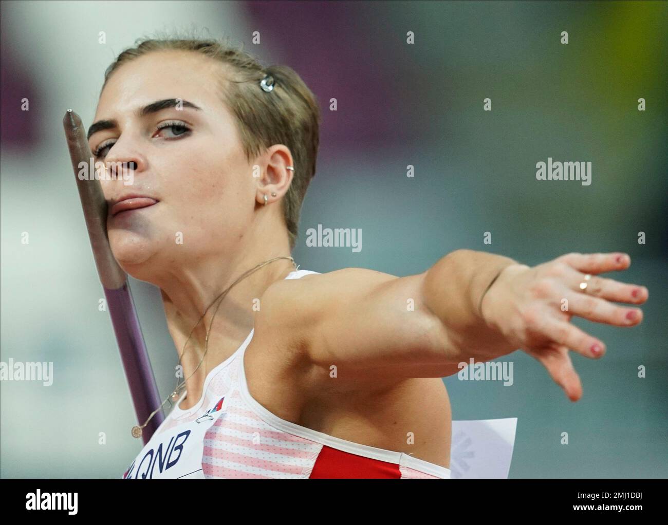 Victoria Hudson, of Austria, competes in the women's javelin throw at ...