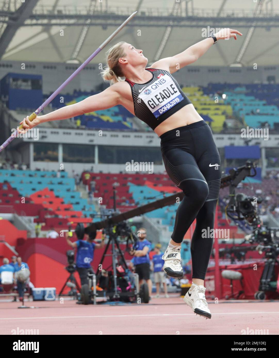Elizabeth Gleadle, of Canada, competes in the women's javelin throw at ...