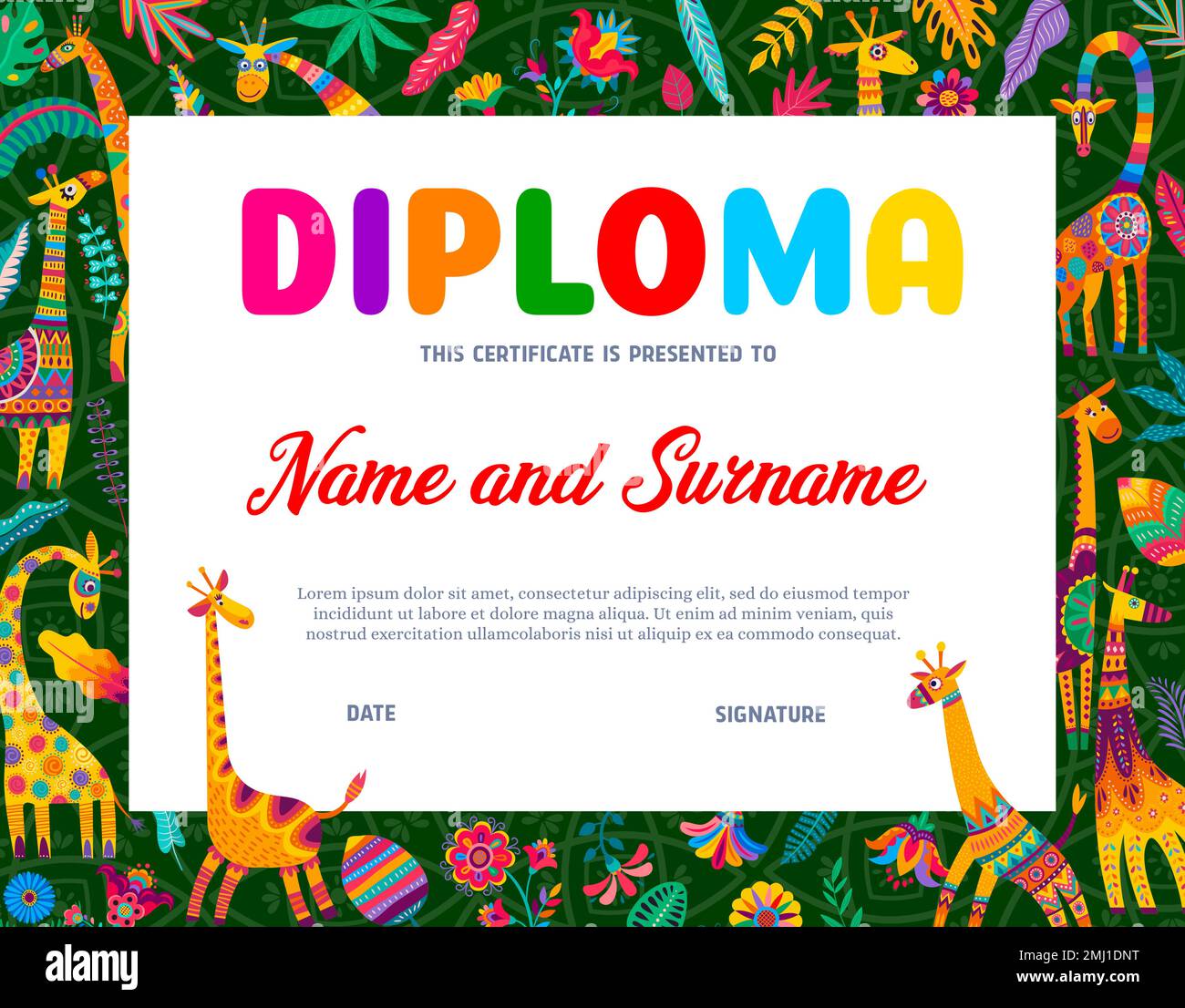 Kids diploma. Cartoon funny african giraffes and flowers. Kindergarten ...
