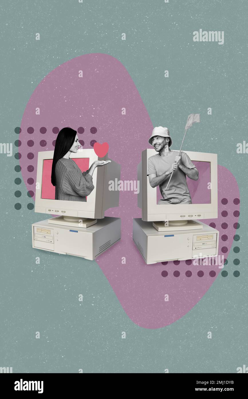 Photo collage cartoon comics sketch picture of funny lady guy online ...