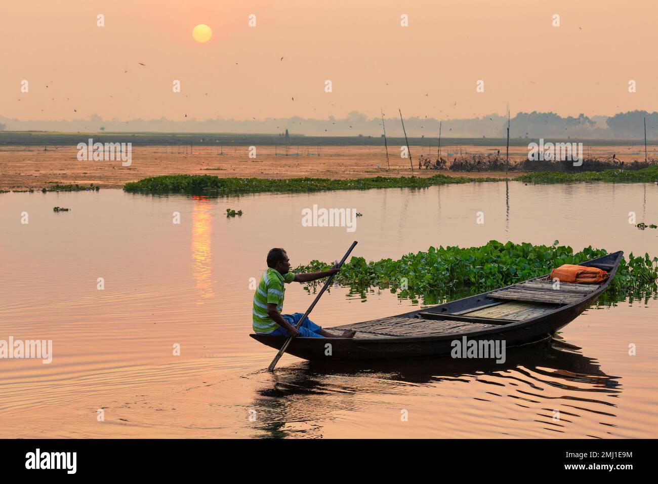Man rowing his boat on river Ganges at sunset in the estuary region of ...