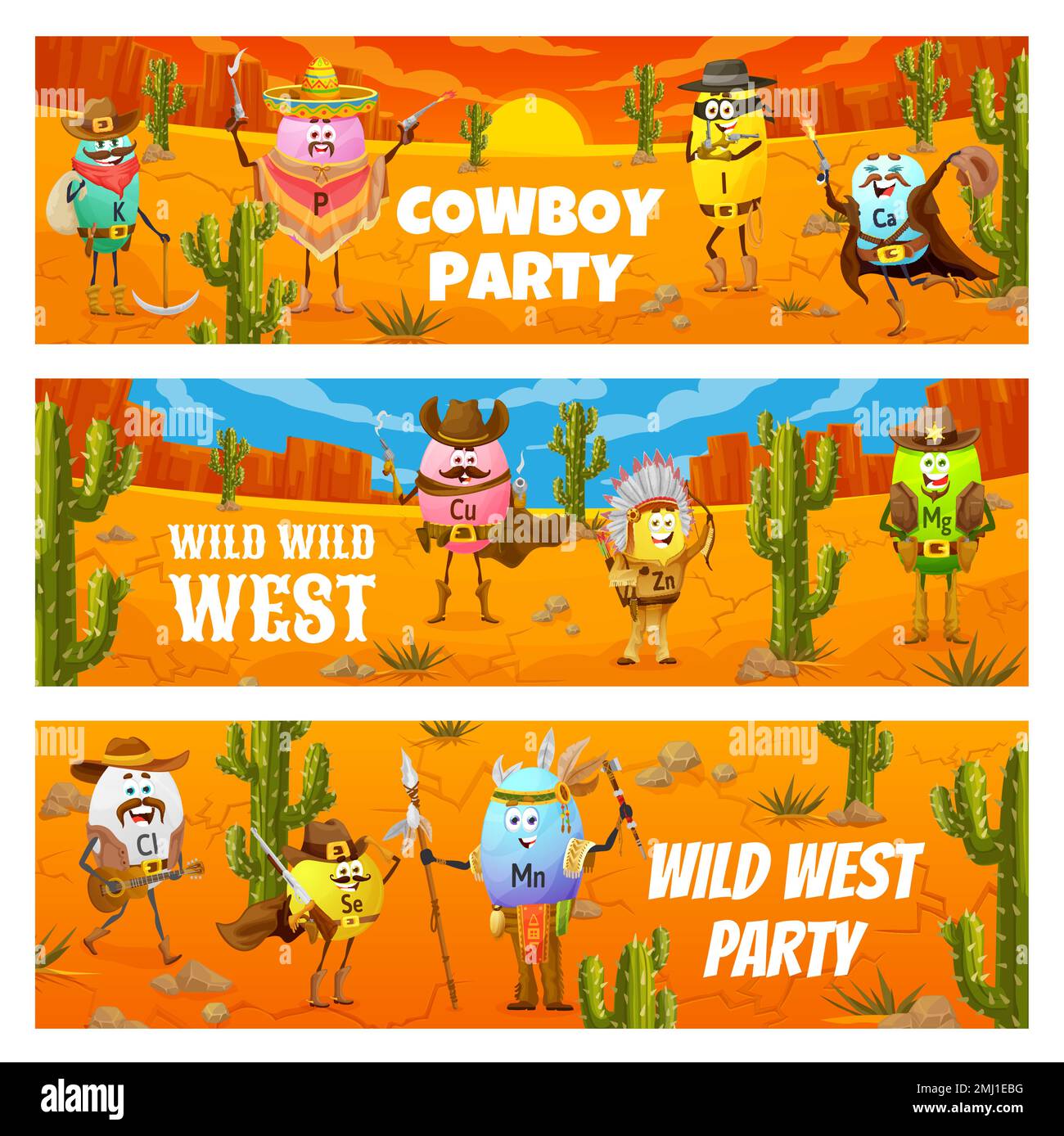 Wild west party. Western cartoon cowboy, sheriff, bandit and robber ...