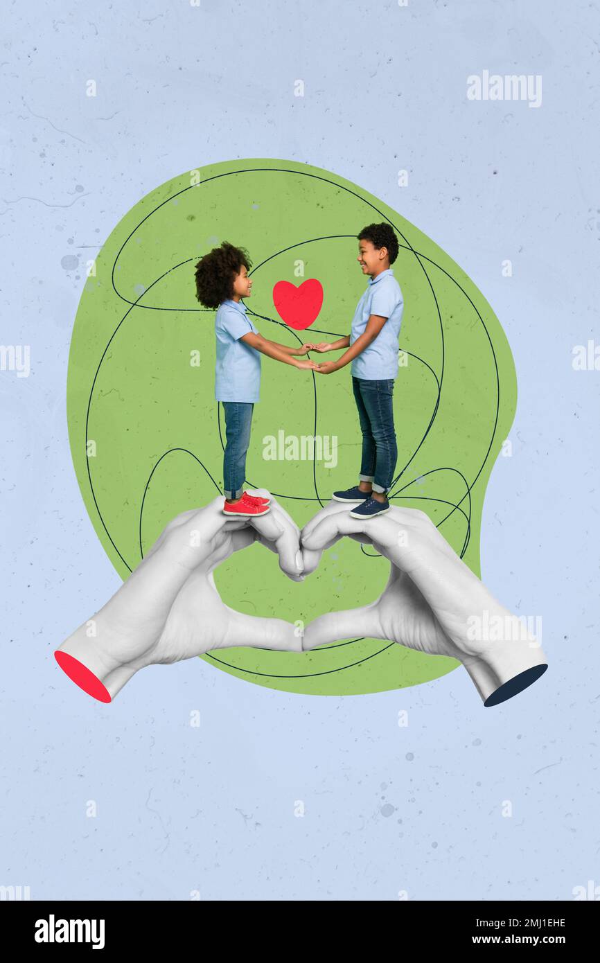 Vertical collage image of big arms show heart symbol hold two cheerful ...