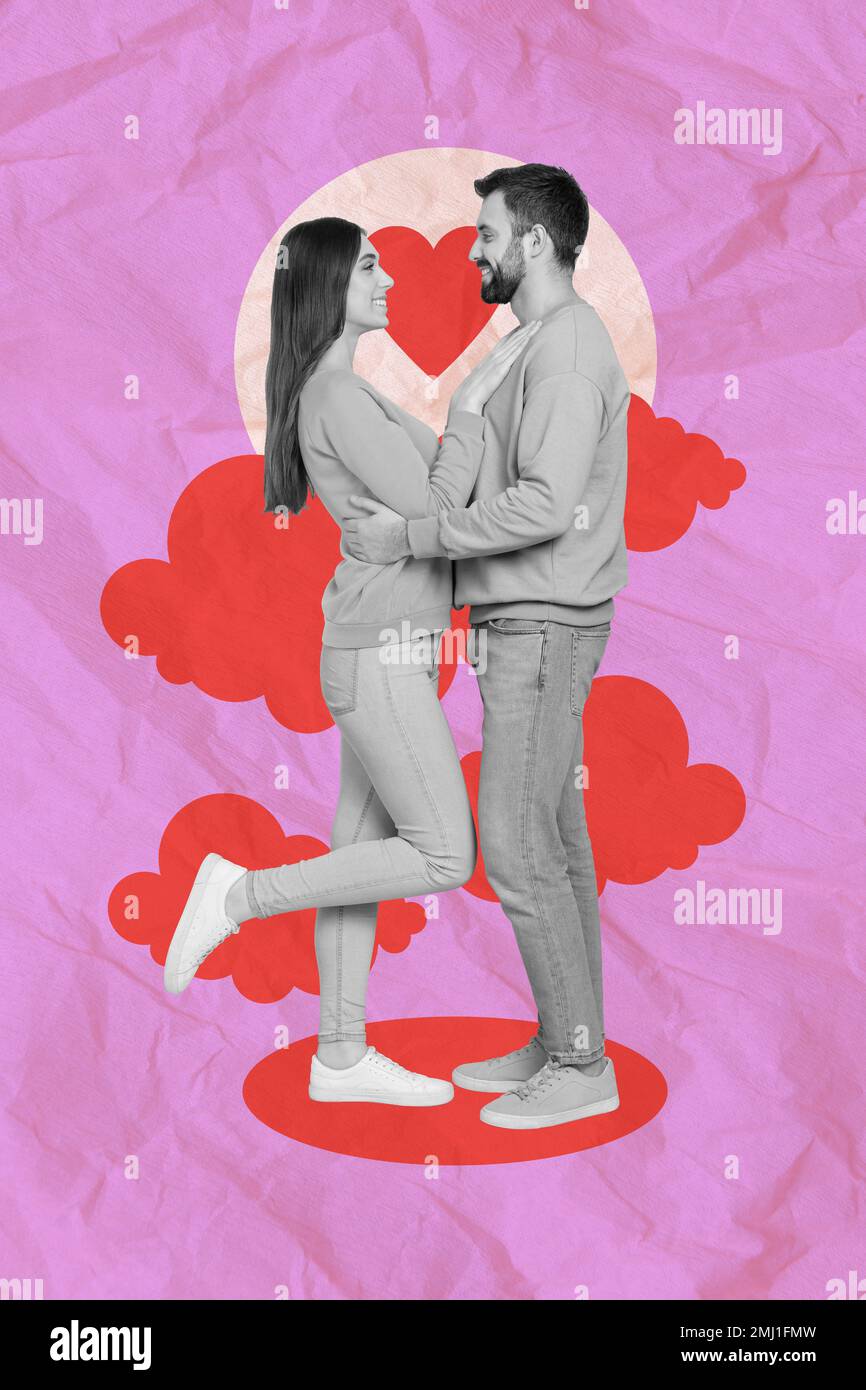 Vertical collage portrait of two cheerful peaceful people black white ...