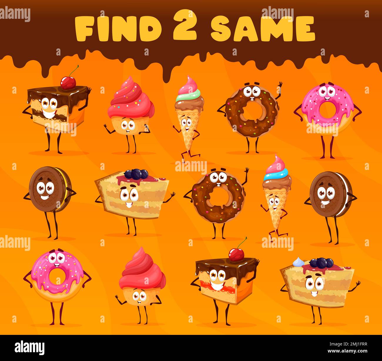 Find two same cartoon bakery sweets and desserts characters, vector ...