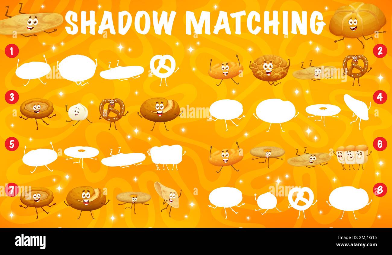 Shadow matching game. Cartoon pastry, bakery and bread characters ...