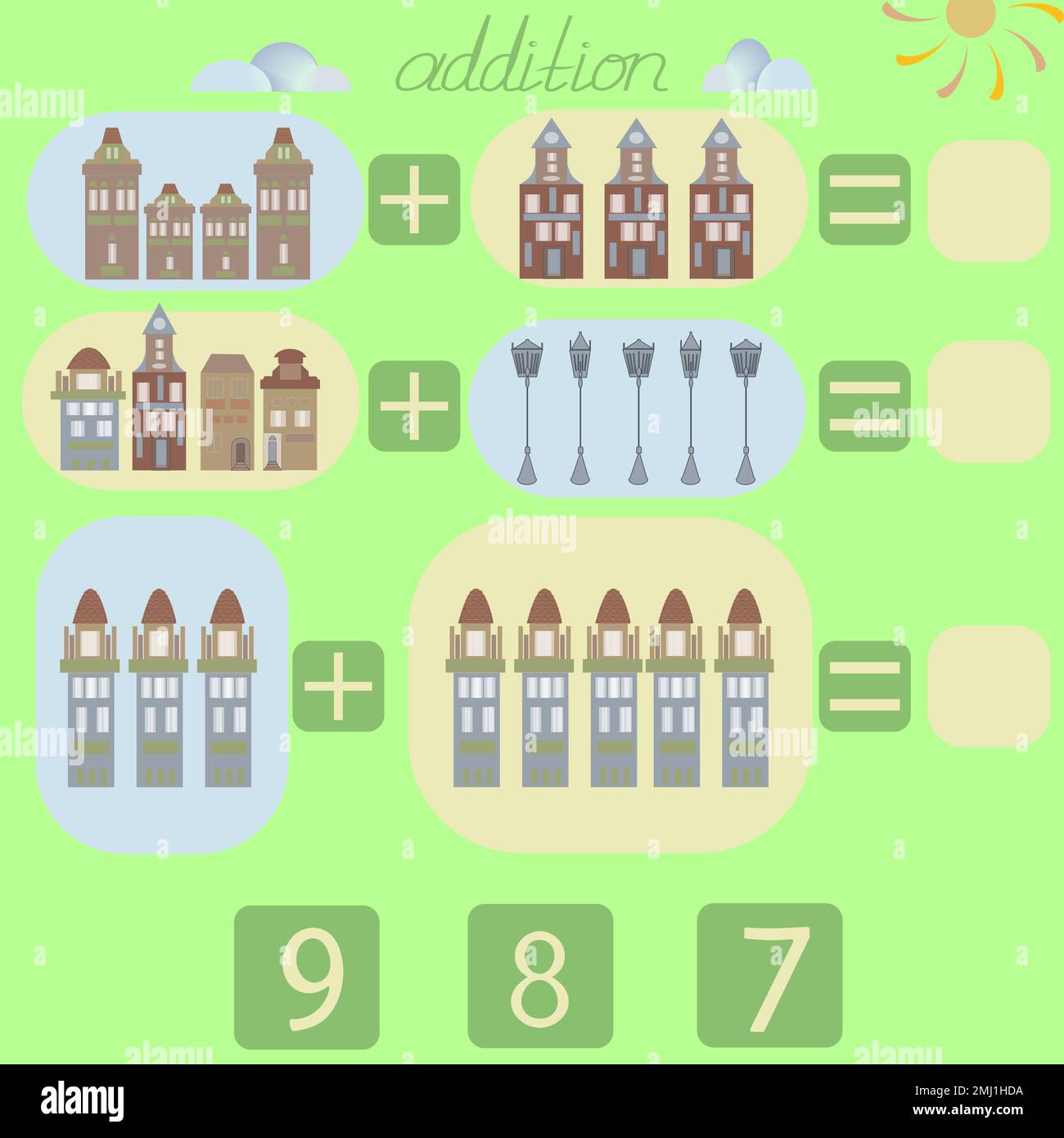count the houses and lanterns in the picture and put the correct number ...