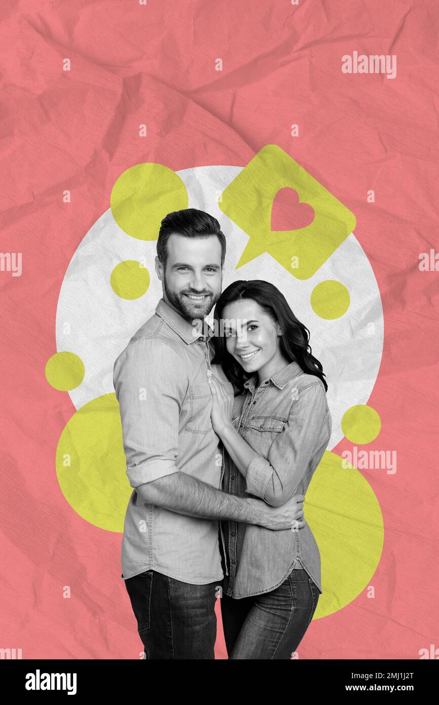 3d retro creative collage artwork template of smiling adorable couple ...