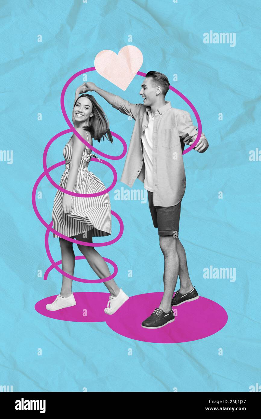 Vertical collage picture of two positive lovely partners black white ...