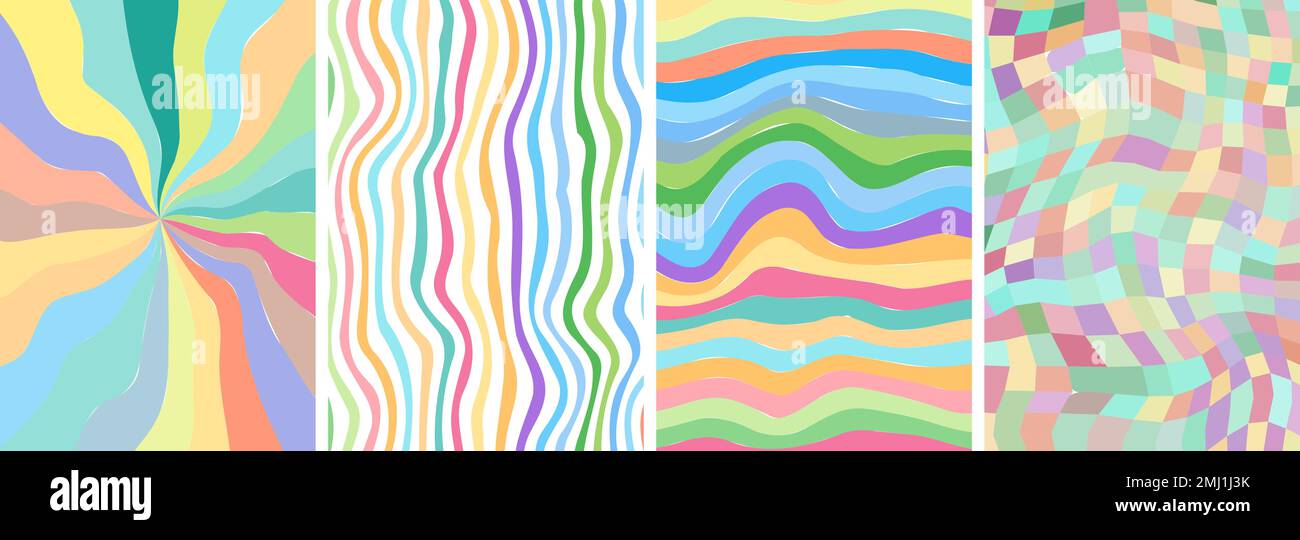 Retro groovy style color poster set. Psychedelic hippie swirl rainbow ...