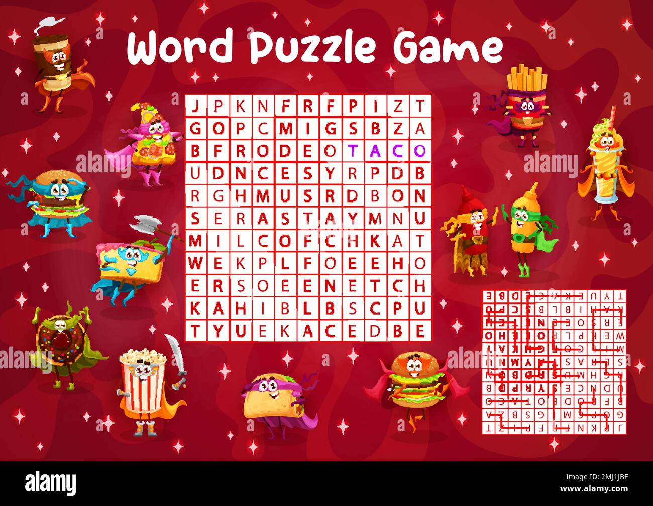 Fast food characters. Word search puzzle game. Letter quiz, children ...