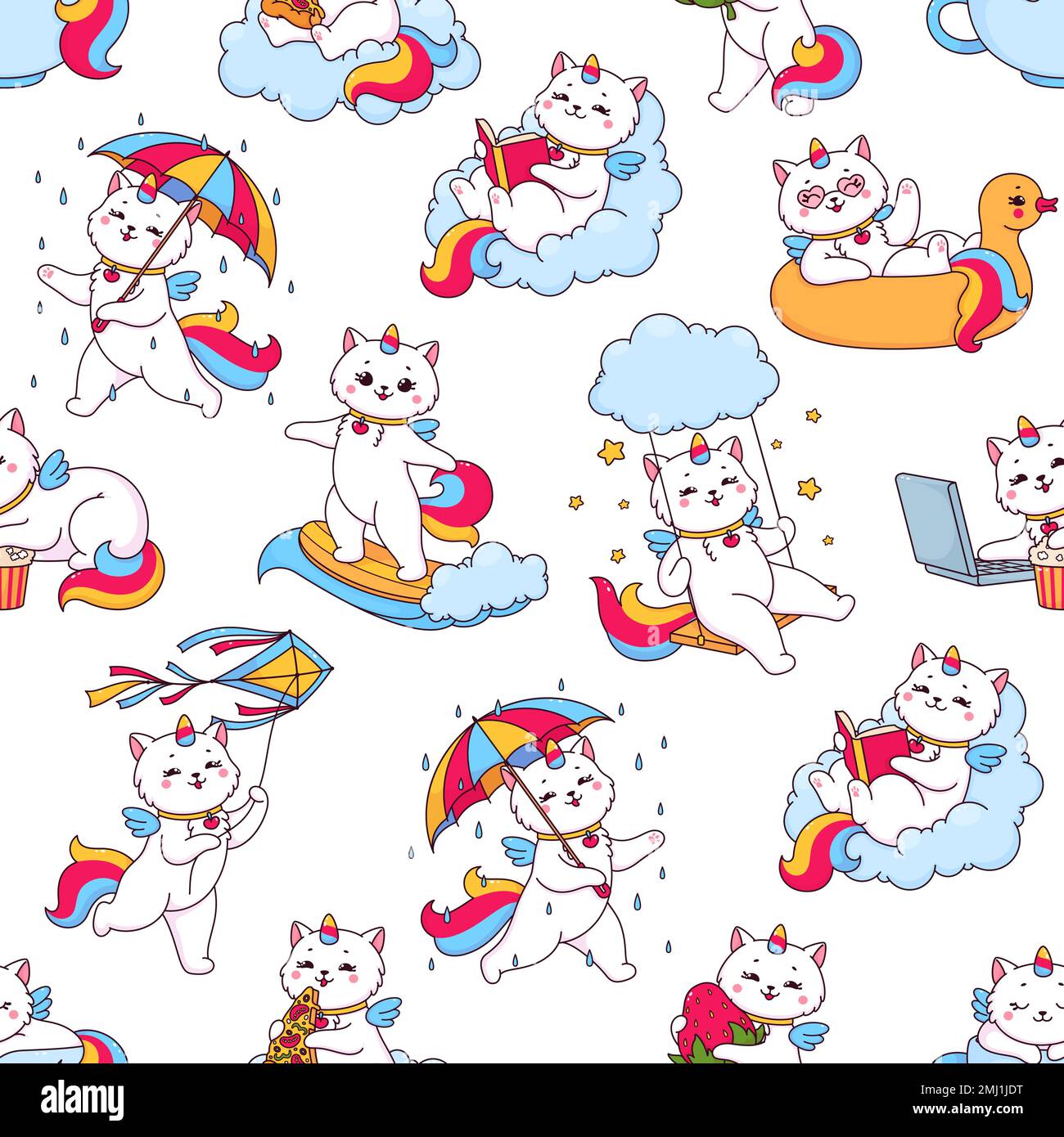 Cute cartoon caticorn characters seamless pattern. Funny cat animals ...