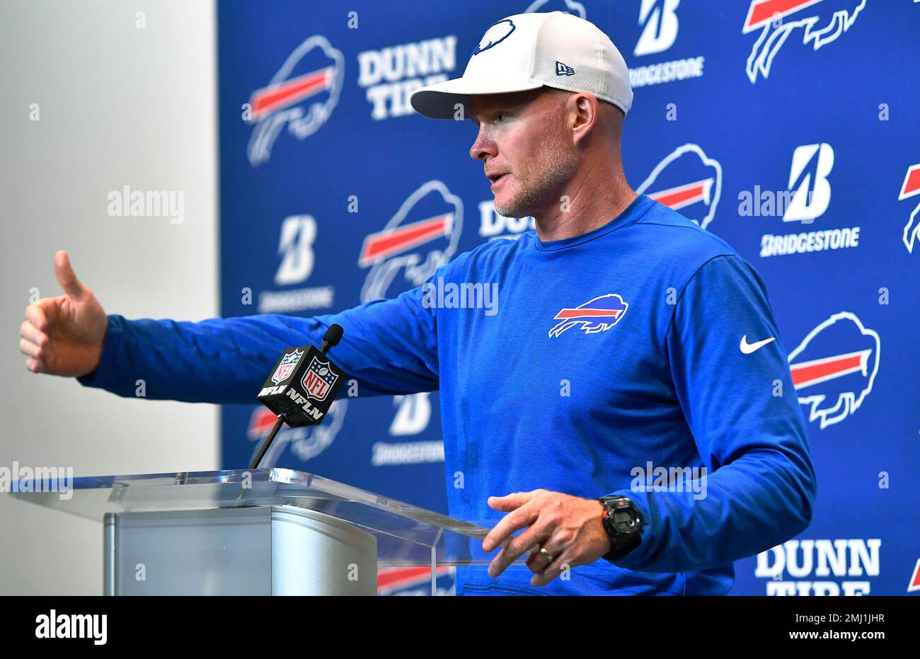 Buffalo Bills head coach Sean McDermott speaks to the media after an ...