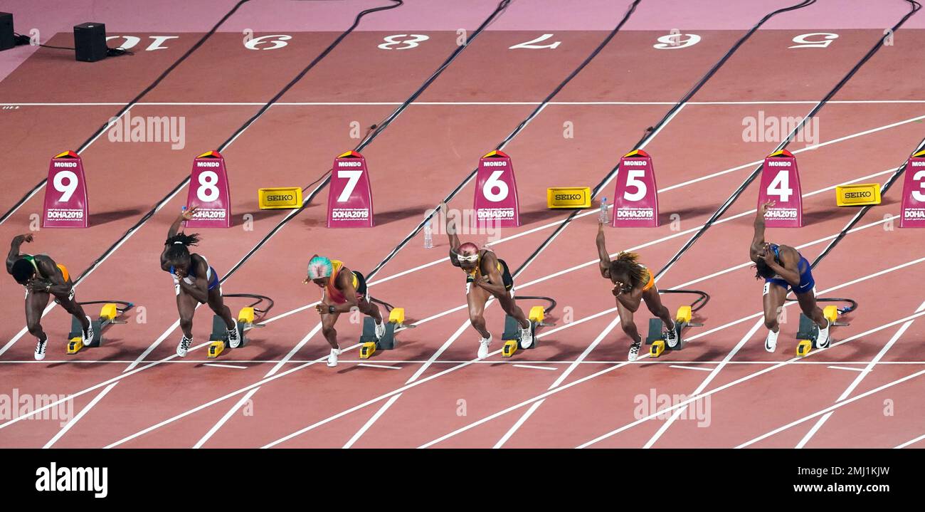 Runners start the women's 100 meter finals at the World Athletics ...