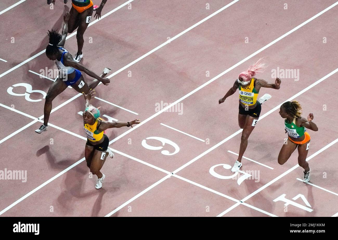 Shelly-Ann Fraser-Pryce, of Jamaica, wins the women's 100 meter finals at the World Athletics ...