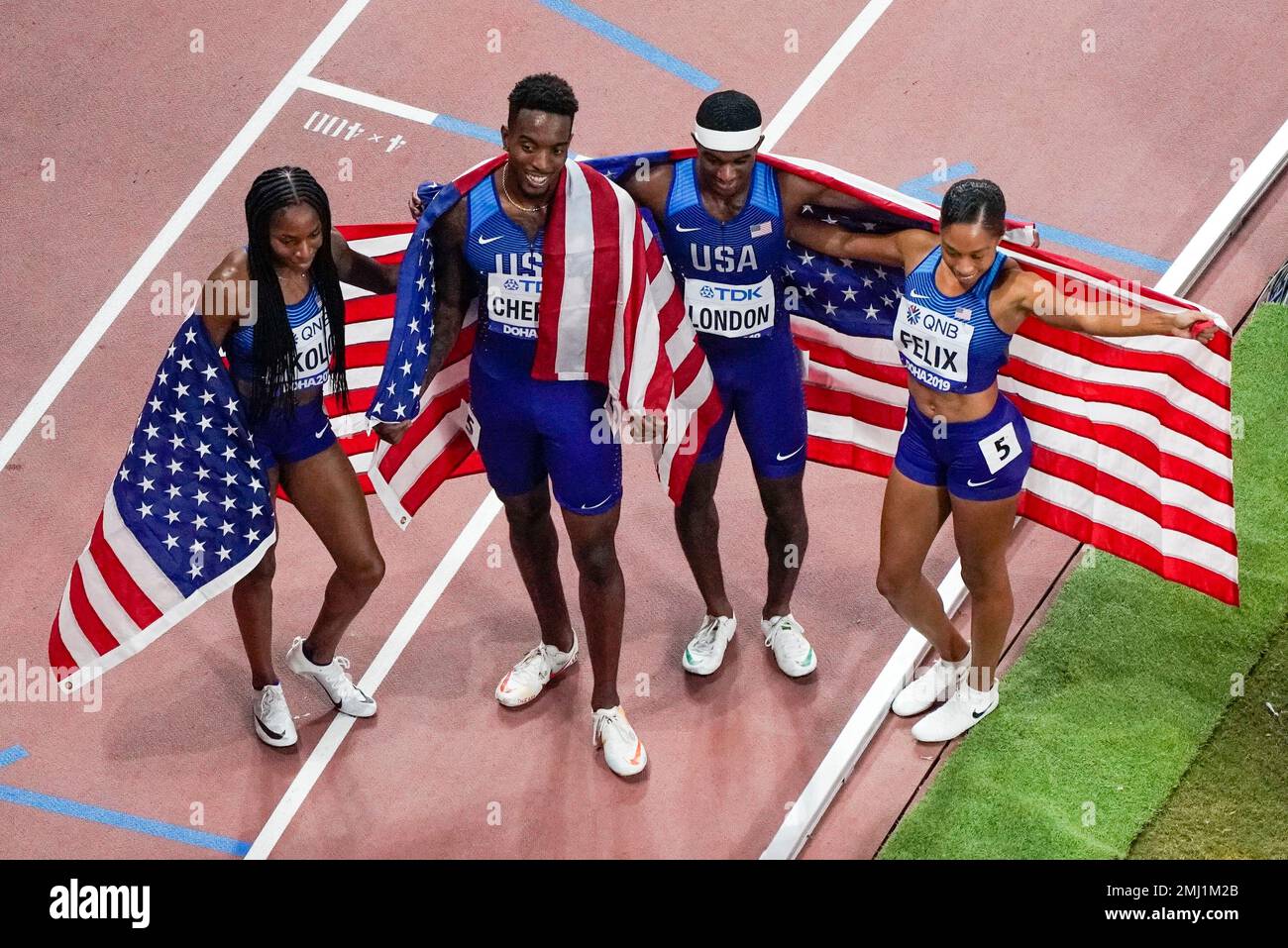 USA's Courtney Okolo, Michael Cherry, Wilbert London and Allyson Felix ...