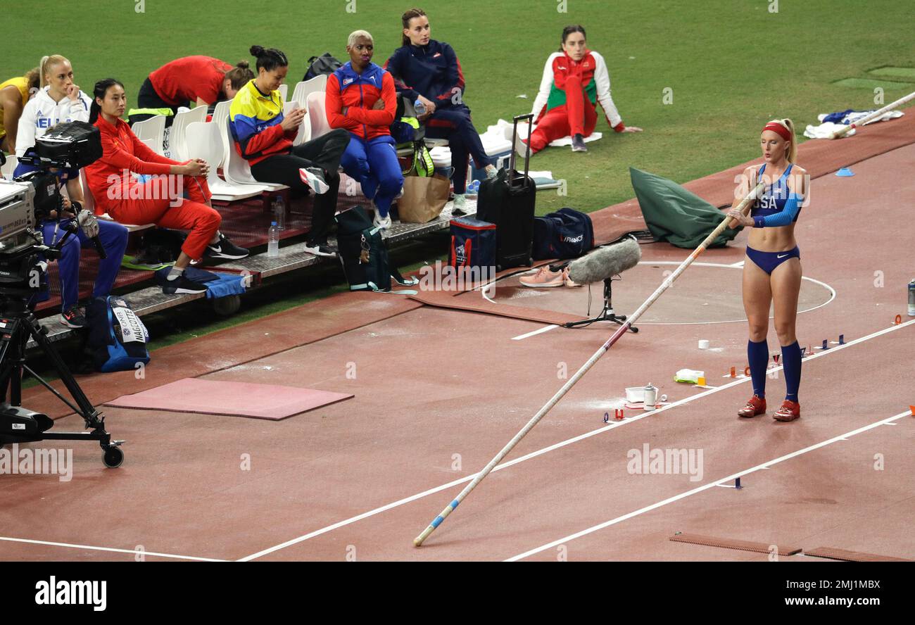 Competitors watch as Sandi Morris, of the United States prepares an ...
