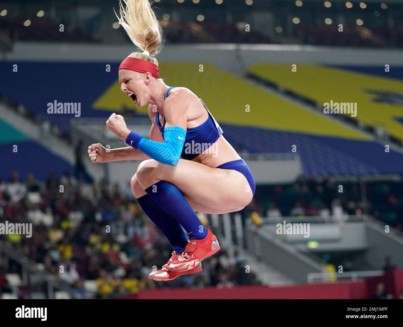 Sandi Morris, of the United States, reacts to her jump as she competes ...