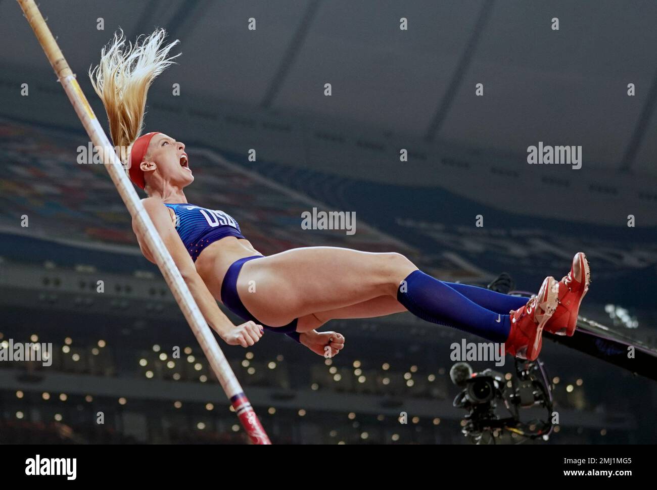 Sandi Morris, of the United States, reacts after a jump in the women's ...