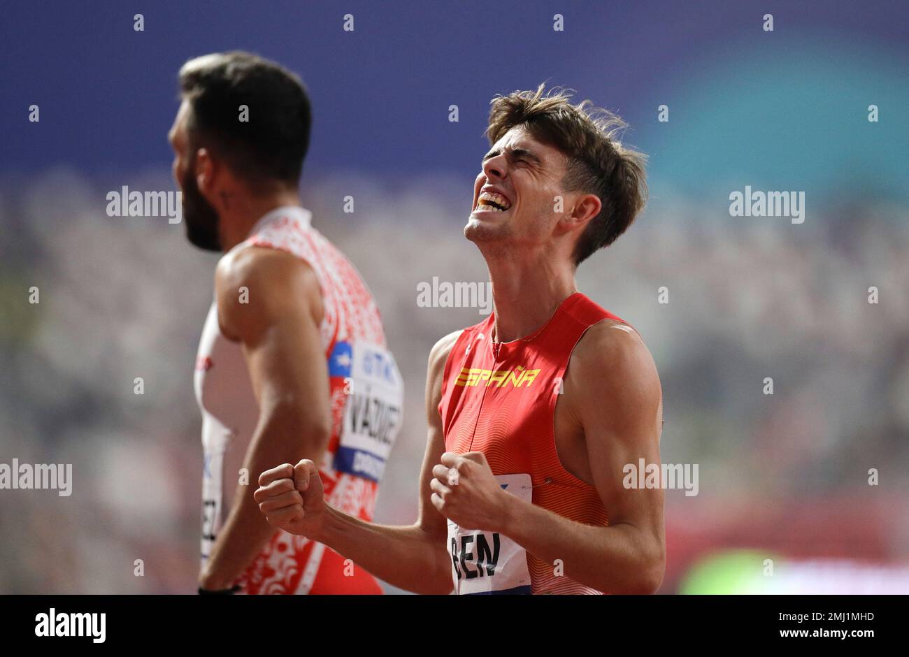 Adrián Ben, of Spain celebrates after finishing a men's 800 meter ...