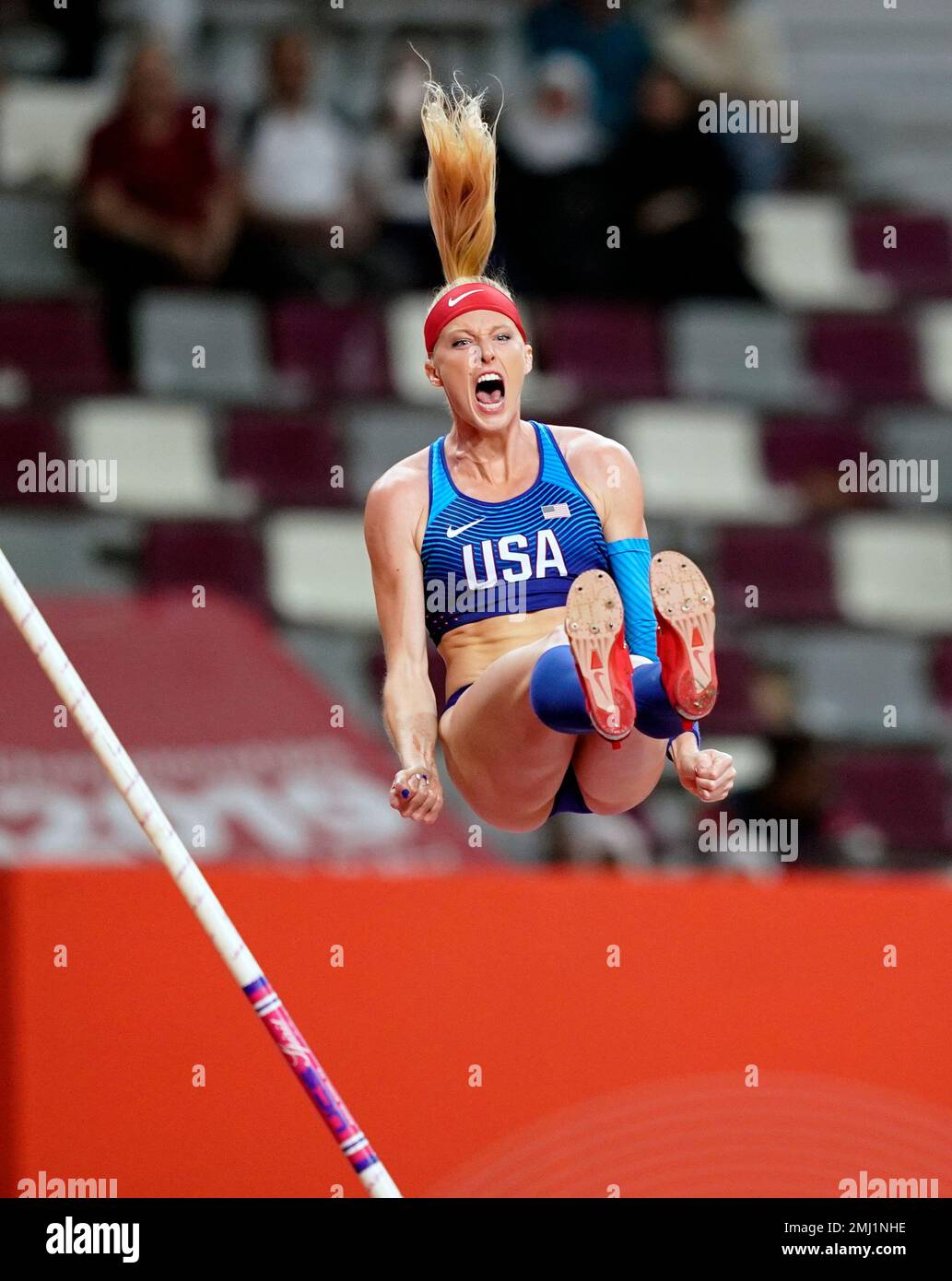 Sandi Morris, of the United States, competes in the women's pole vault ...
