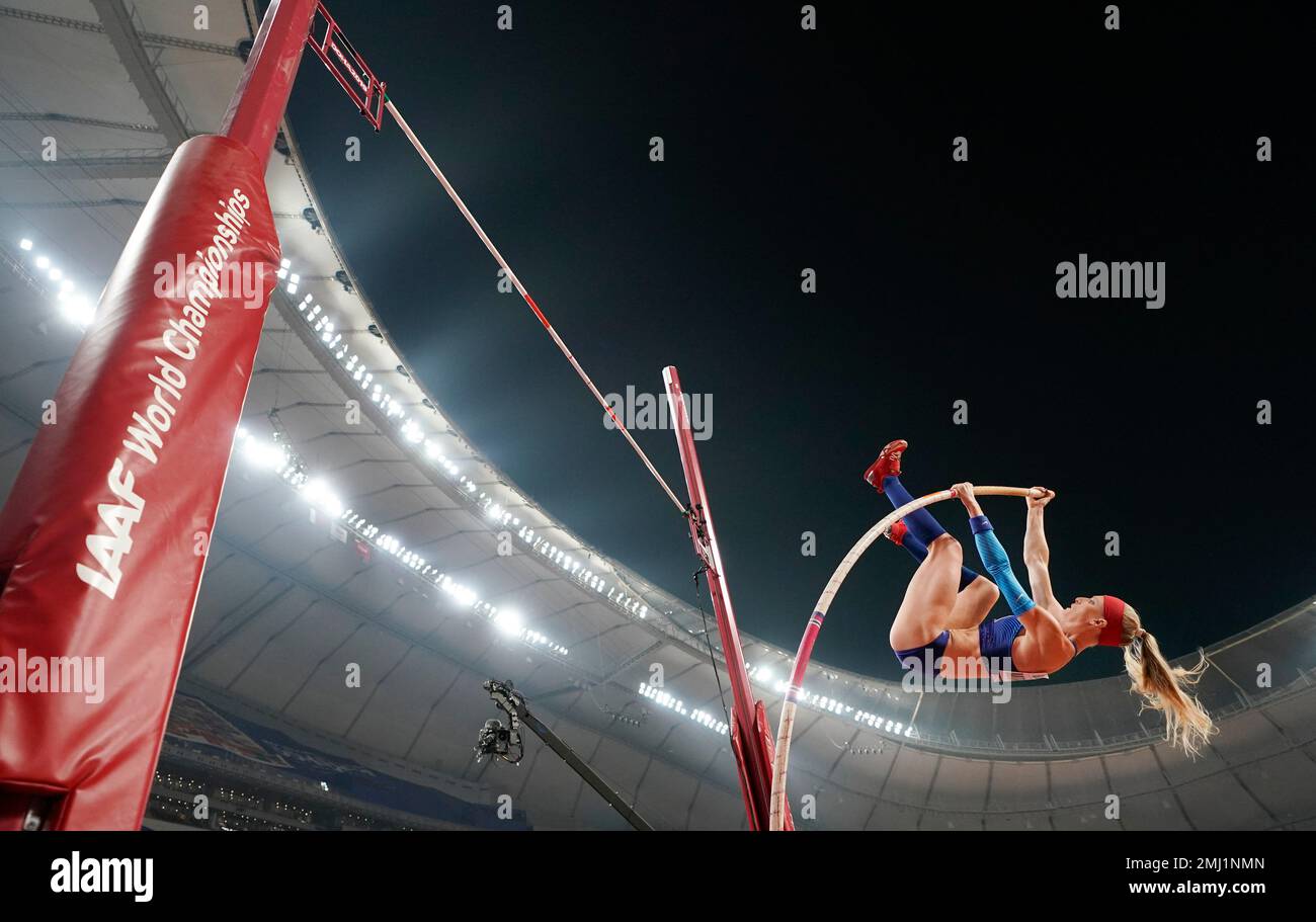 Sandi Morris, of the United States, competes in the women's pole vault ...