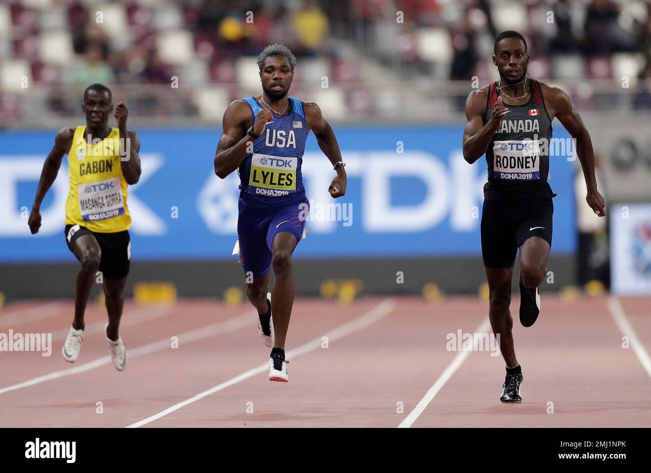 Noah Lyles, of the United States and Brendon Rodney, of Canada, race ...